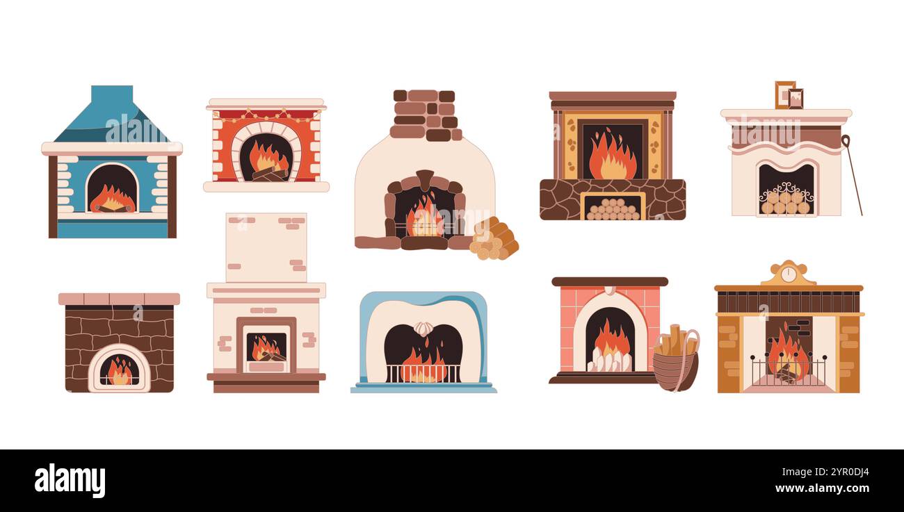Fireplaces emitting cozy glow ideal for winter season flat color vector ...