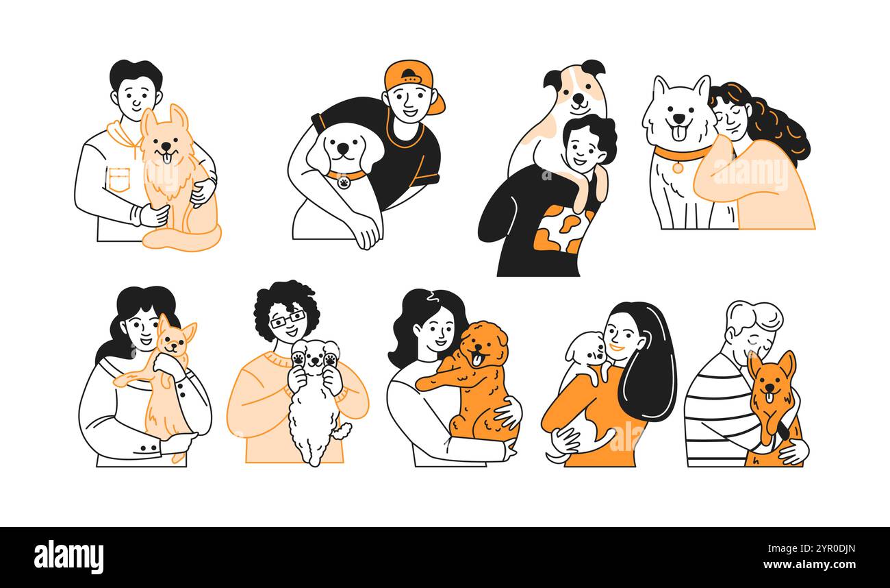 Happy pet owners hugging dogs flat color linear icons collection ...