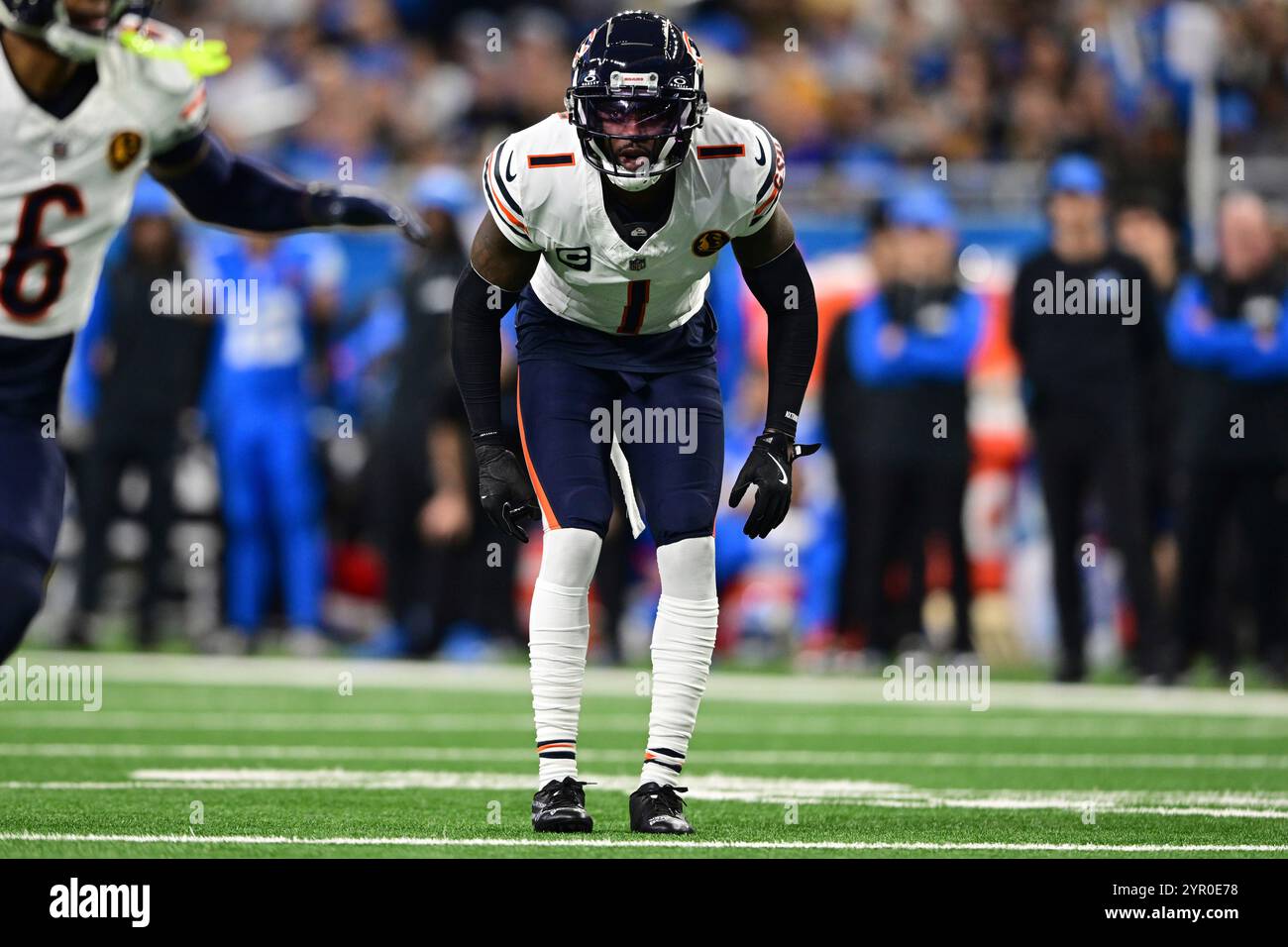 Chicago Bears cornerback Jaylon Johnson lines up during the first half ...