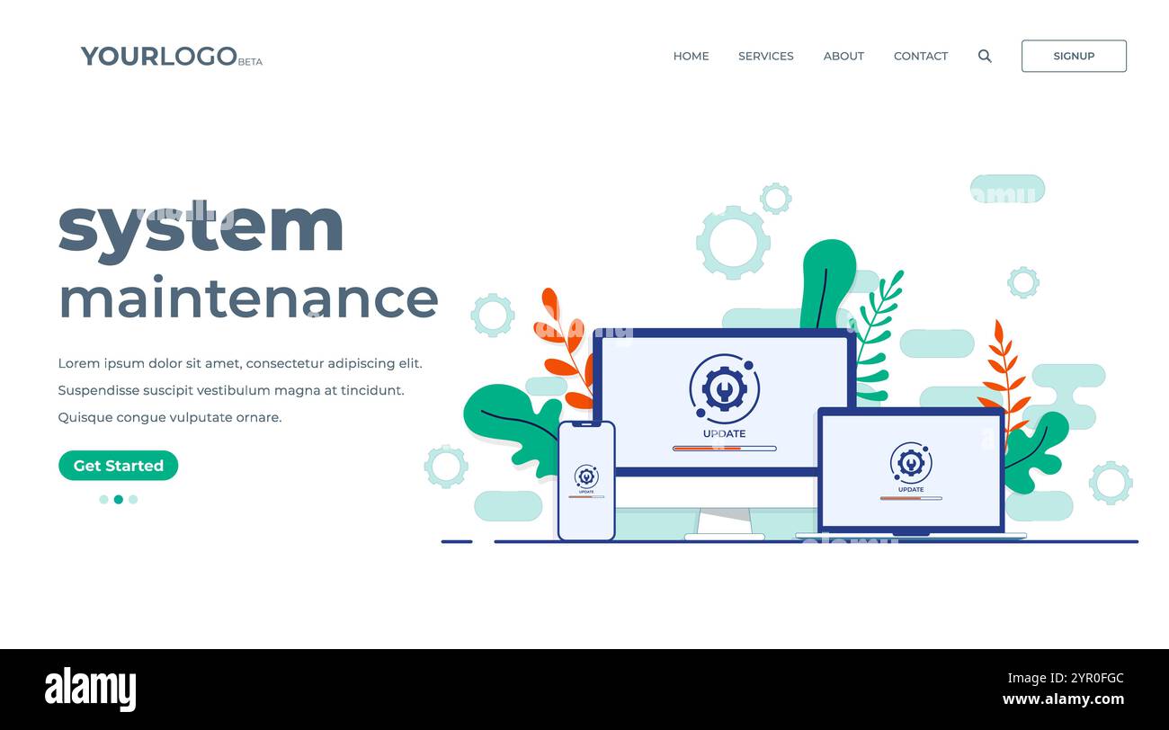 Desktop computer, laptop, smartphone with update screen, System ...