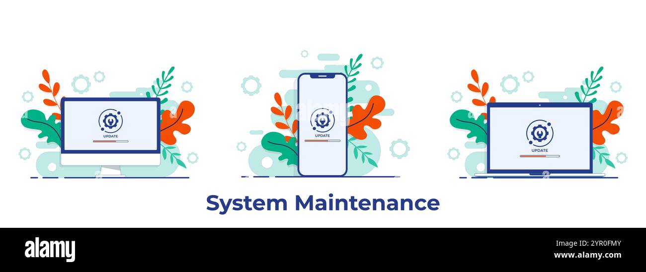 Desktop computer, laptop, smartphone with update screen, System ...