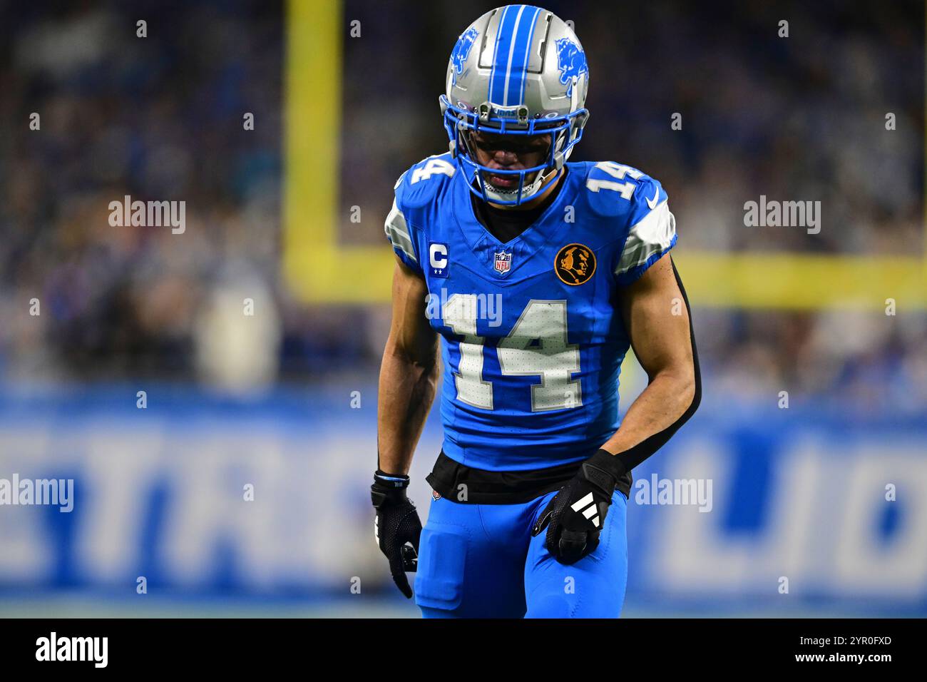 Detroit Lions wide receiver Amon-Ra St. Brown lines up during the first ...