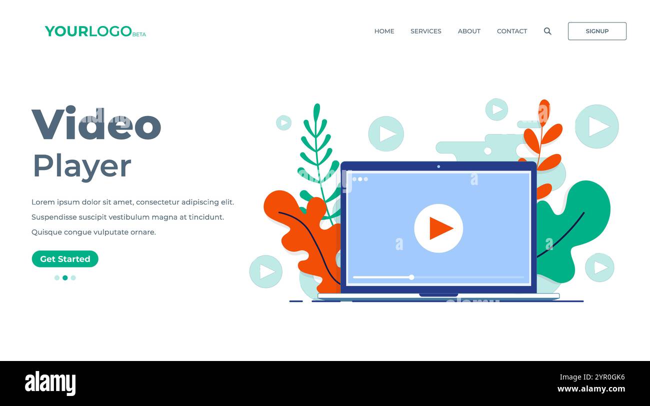 Video player screen on laptop computer flat illustration for education ...