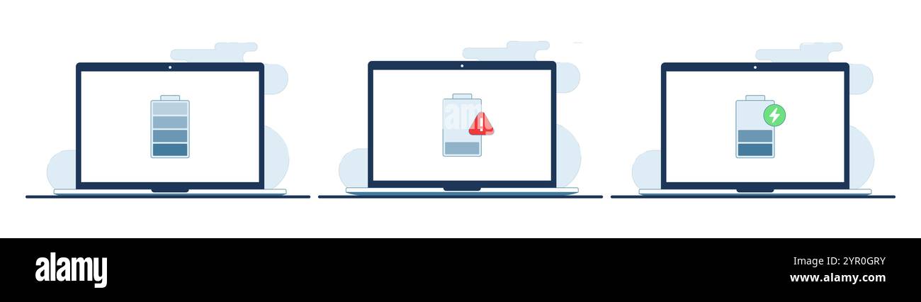Laptop battery energy level indicators flat vector illustrations, low ...