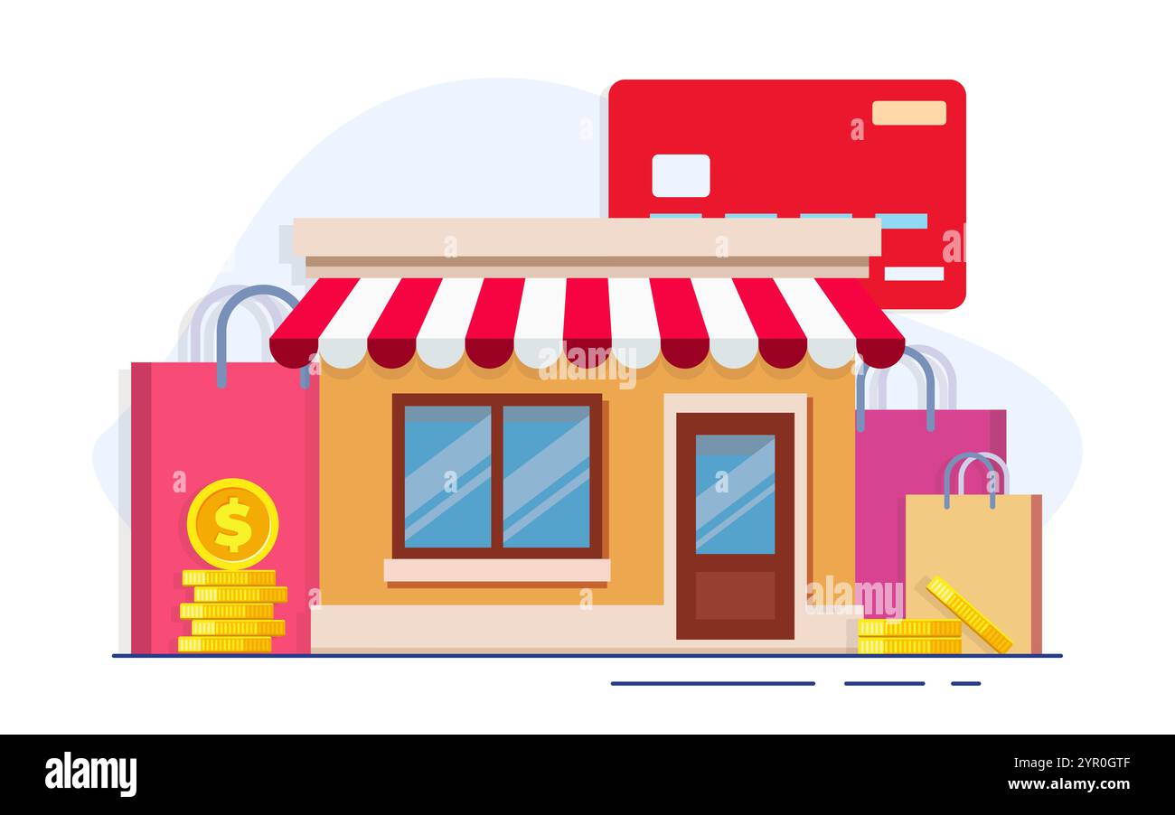 Store building flat vector illustration, Cartoon shop facade front view ...