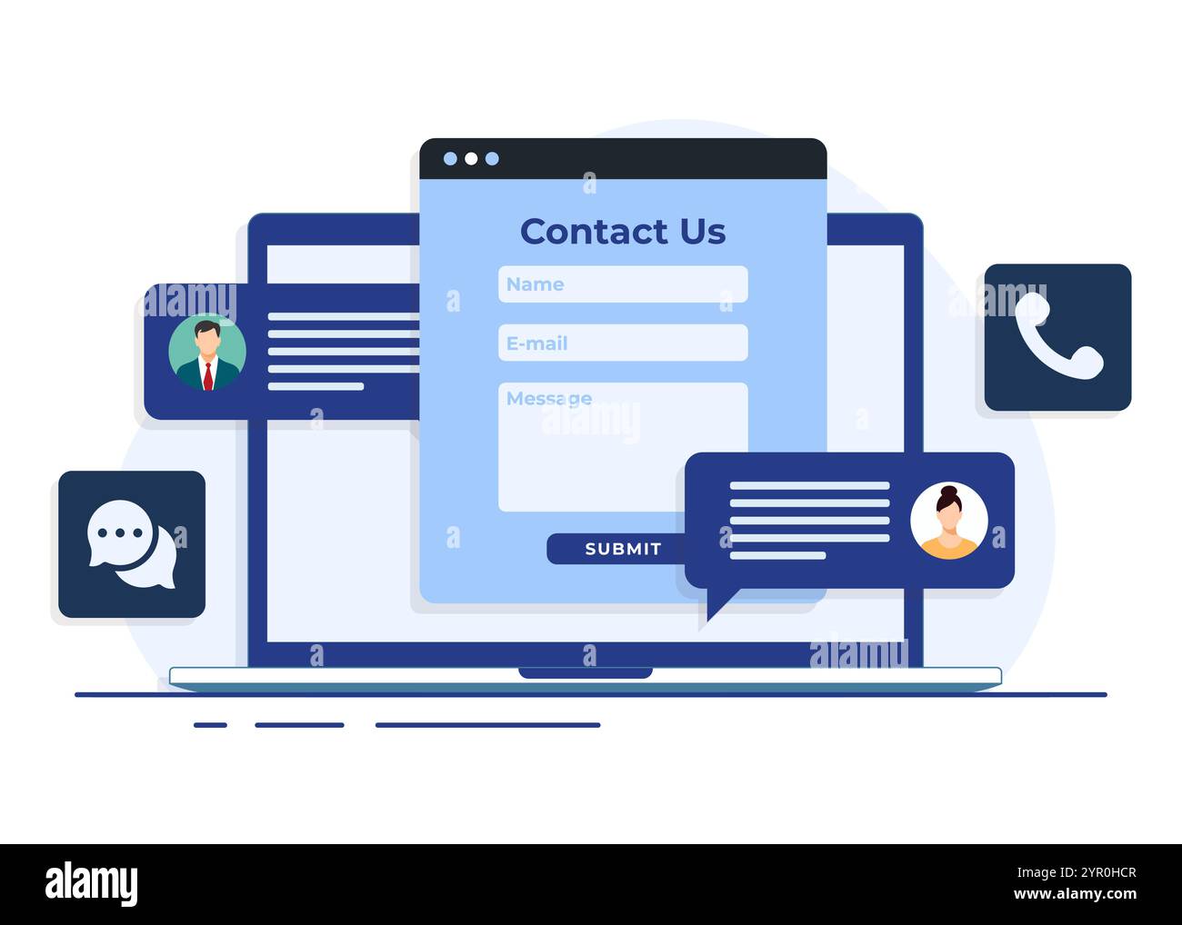 Contact us form on laptop screen with message bubbles flat illustration ...
