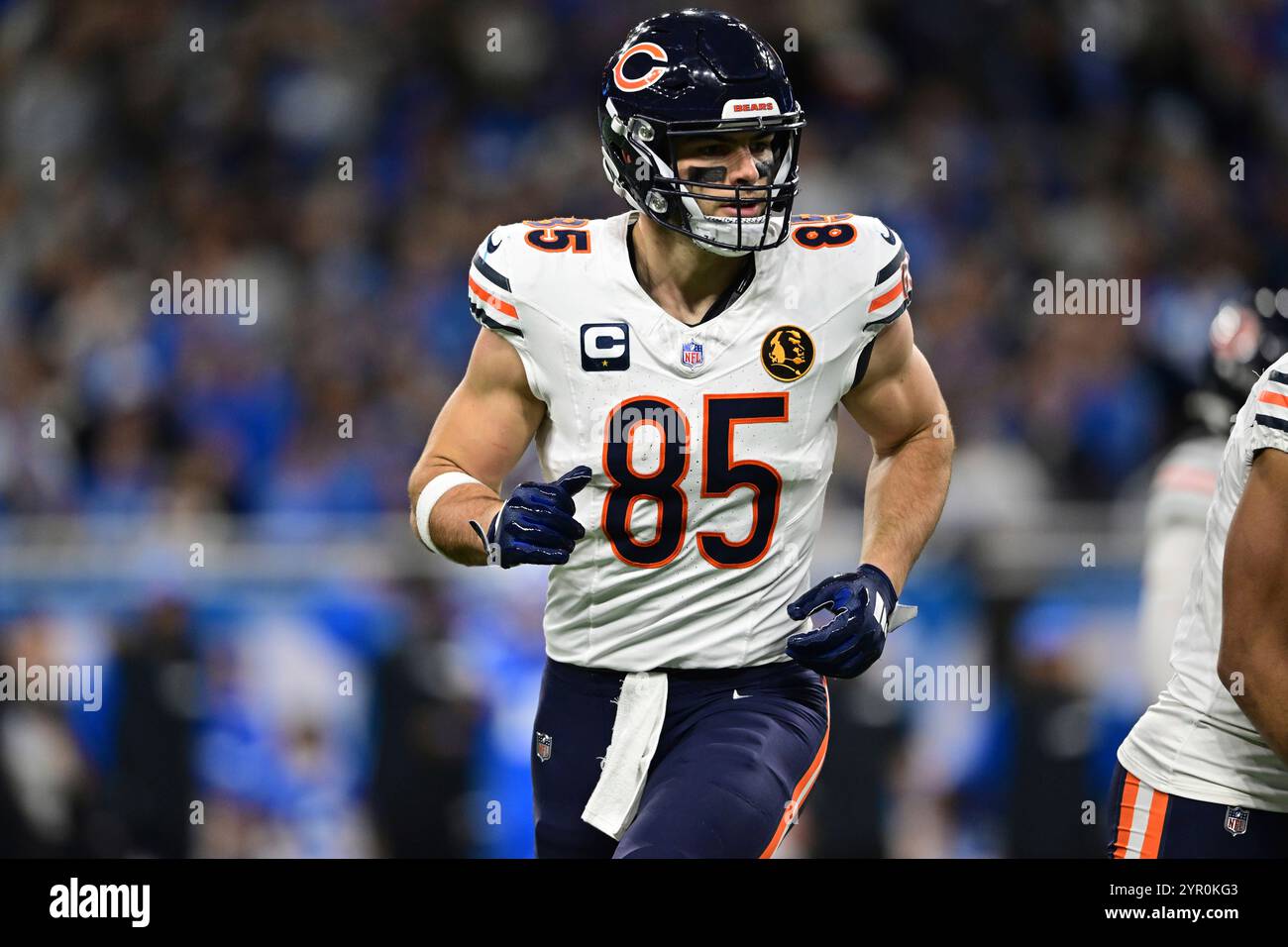 Chicago Bears tight end Cole Kmet lines up during the second half of an NFL football game ...