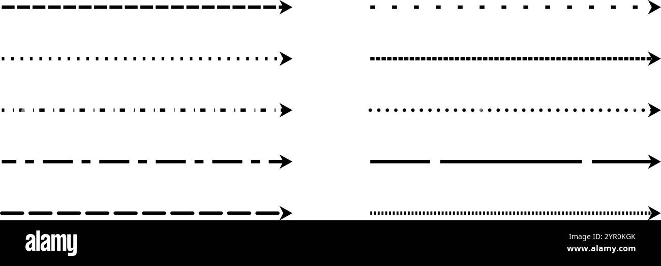 Black straight thin dashed arrow set. Long dotted arrows collection ...
