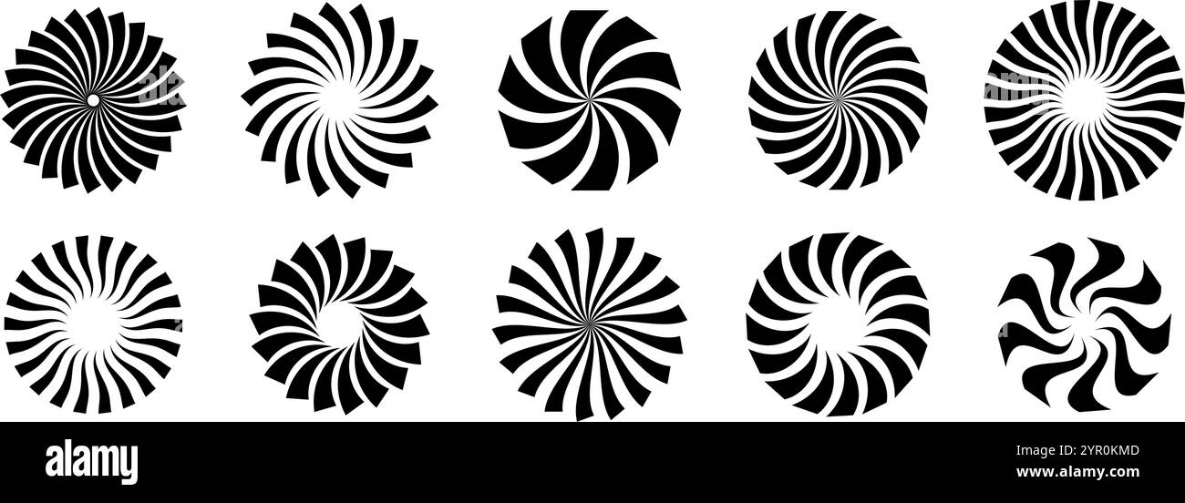 Set of black circle rotating rays and beams. Radial sunburst element ...