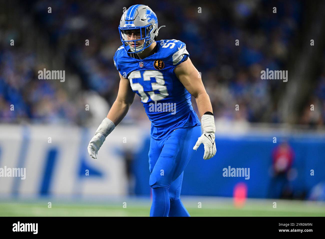 Detroit Lions linebacker Trevor Nowaske lines up during the second half ...