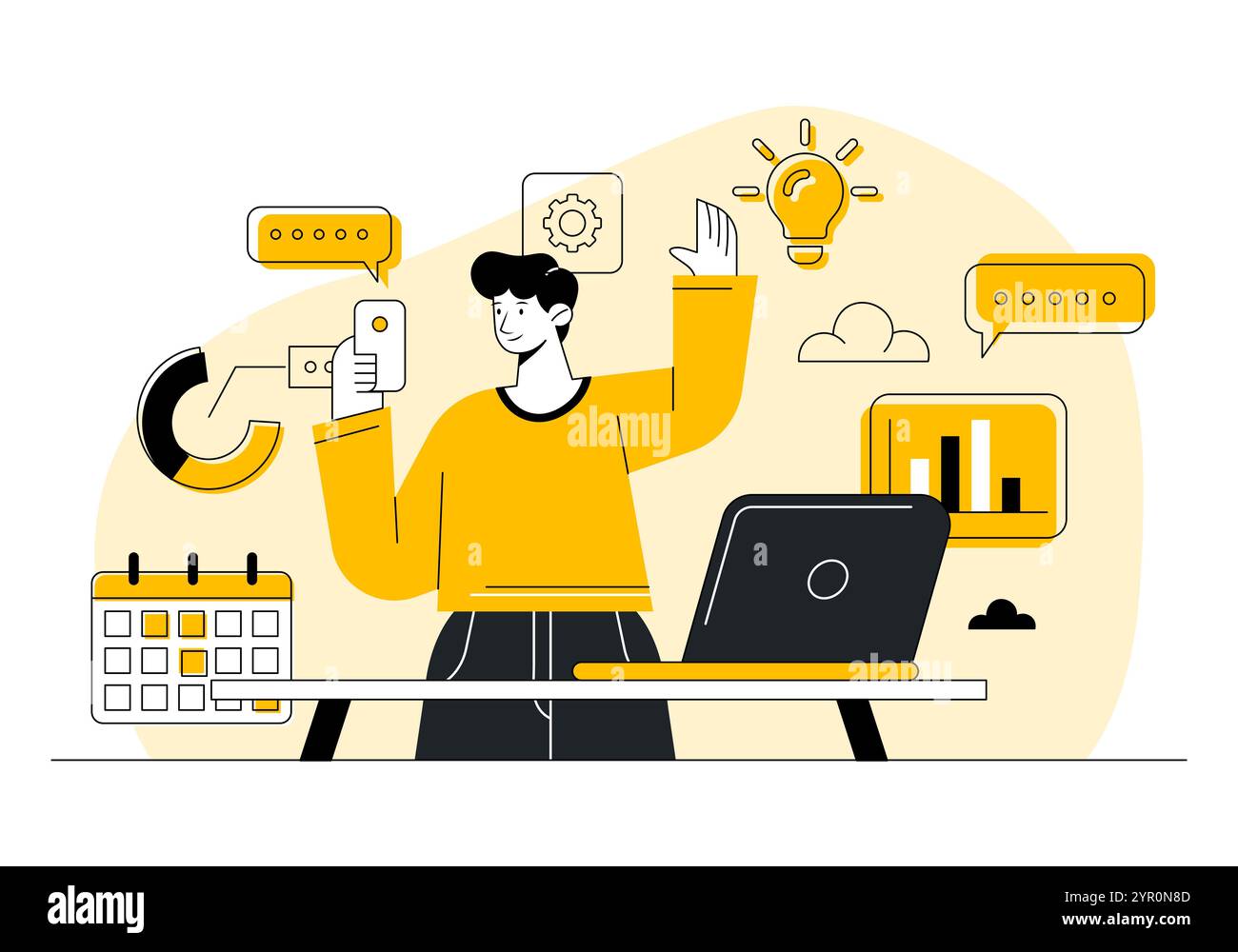 Multitasking businessman doing many tasks at the same time concept vector flat illustration ...