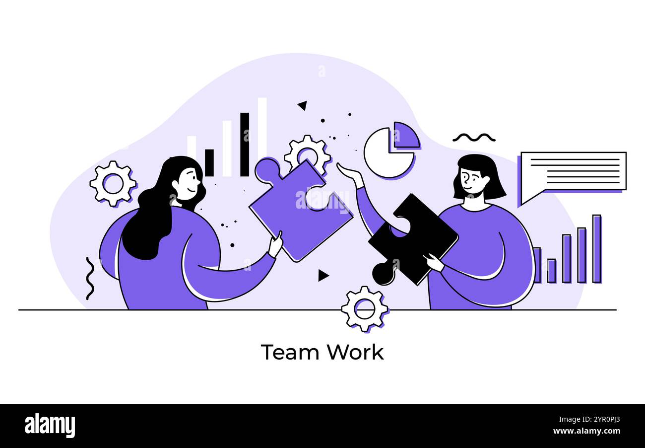 two women holding jigsaw puzzle pieces, Teamwork concept flat vector ...