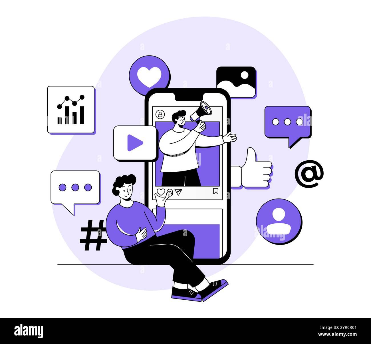 Man standing on social media feed with megaphone, Social media ... Man standing on social media feed with megaphone, Social media ...