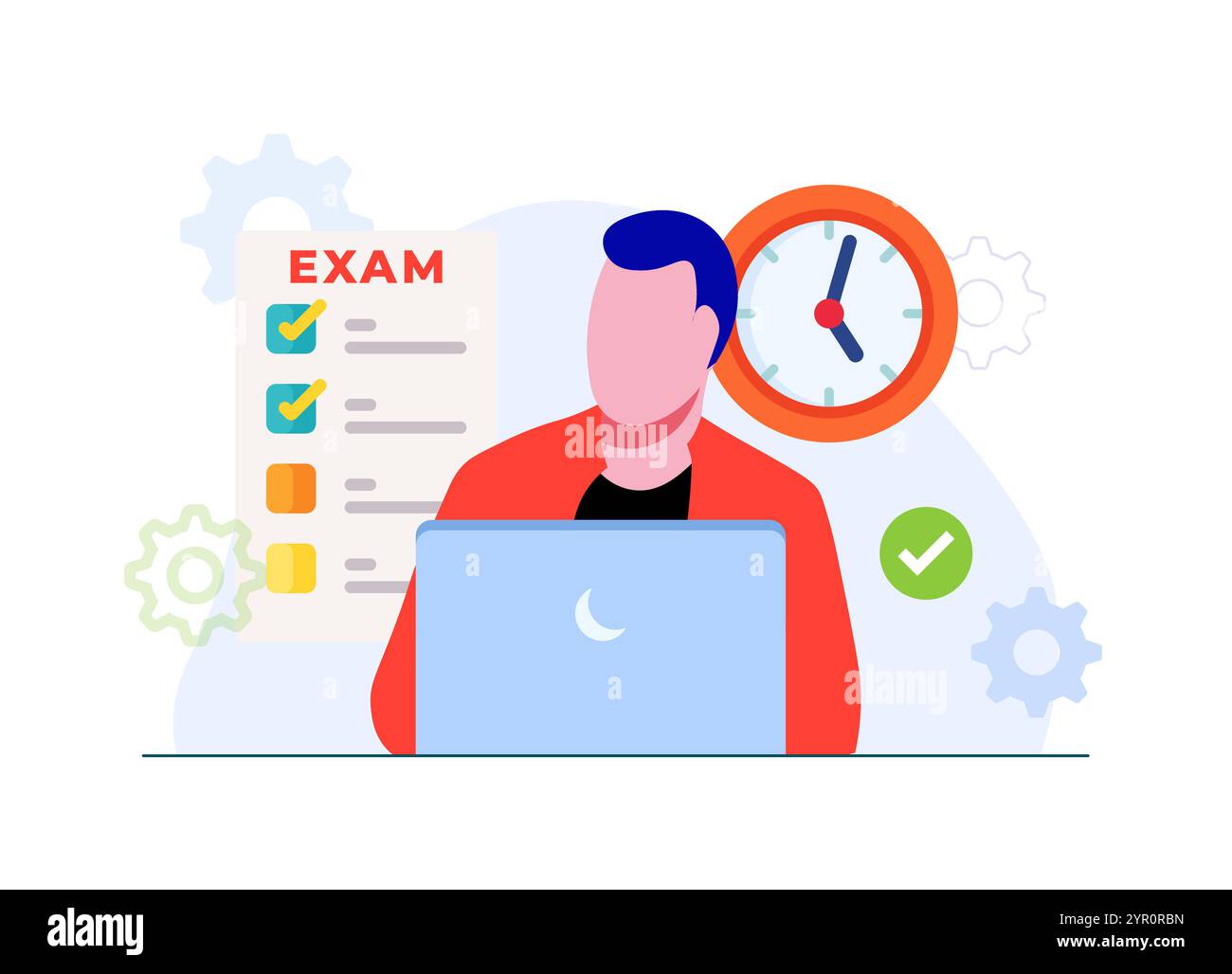 Online examination flat illustration, Male character with a laptop ...
