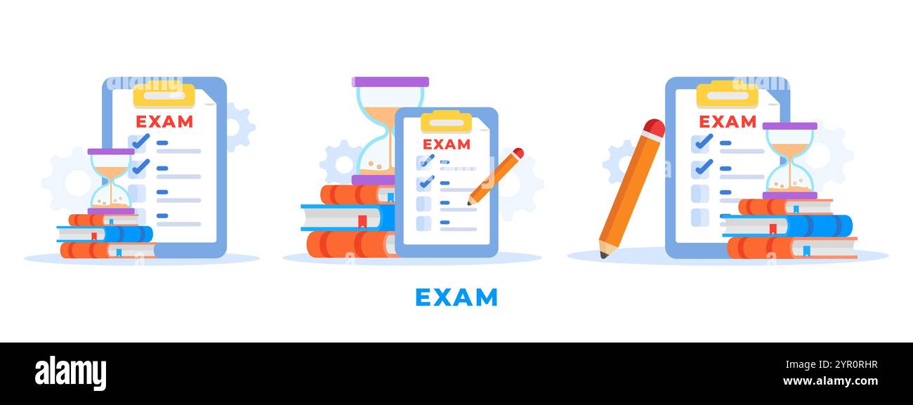 Exam concept with a checklist, books, timer, hourglass, pencil vector ...