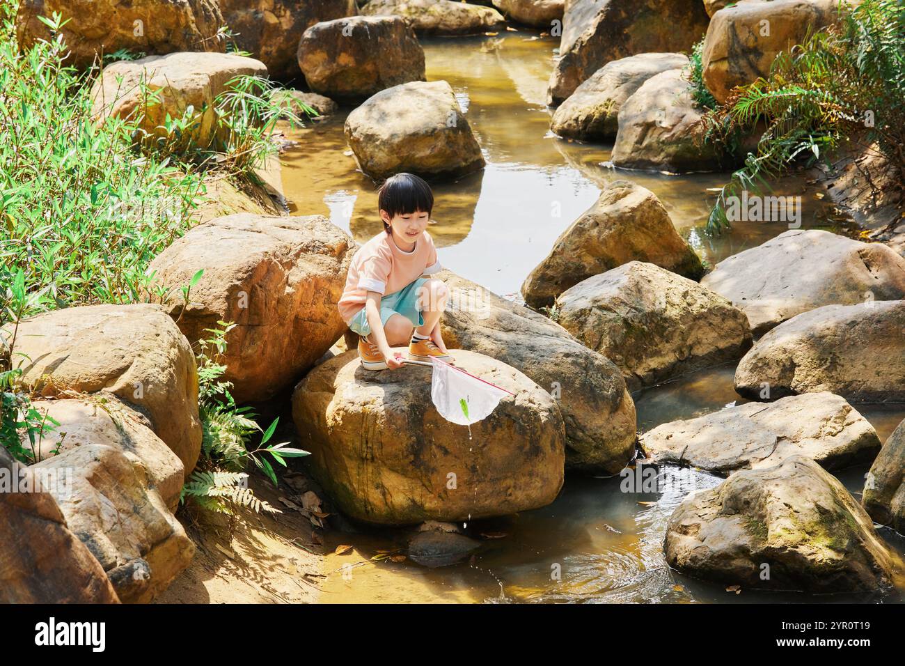 The little boy fishing for small fish in the stream Stock Photo - Alamy