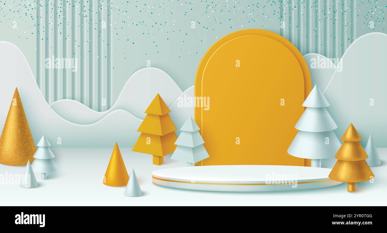 Christmas winter scene with circular podium on golden arch backdrop ...