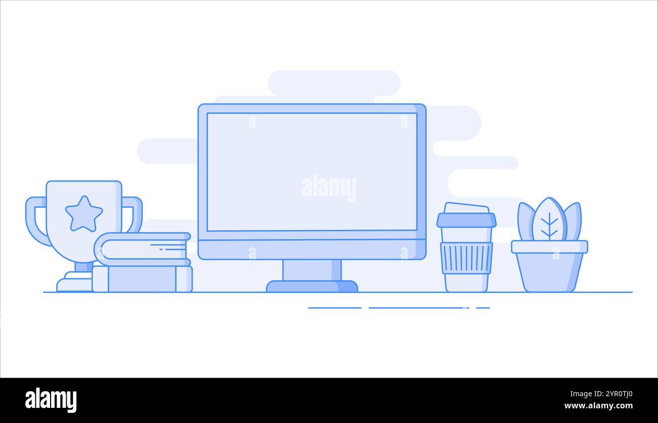 Computer workstation with books, coffee cup, plant, victory cup flat ...