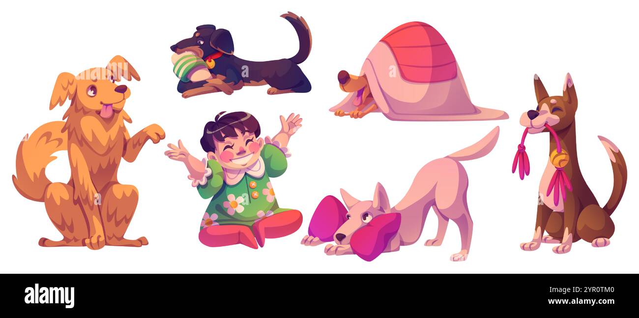 Cute playful dogs and child set isolated on white background. Vector ...