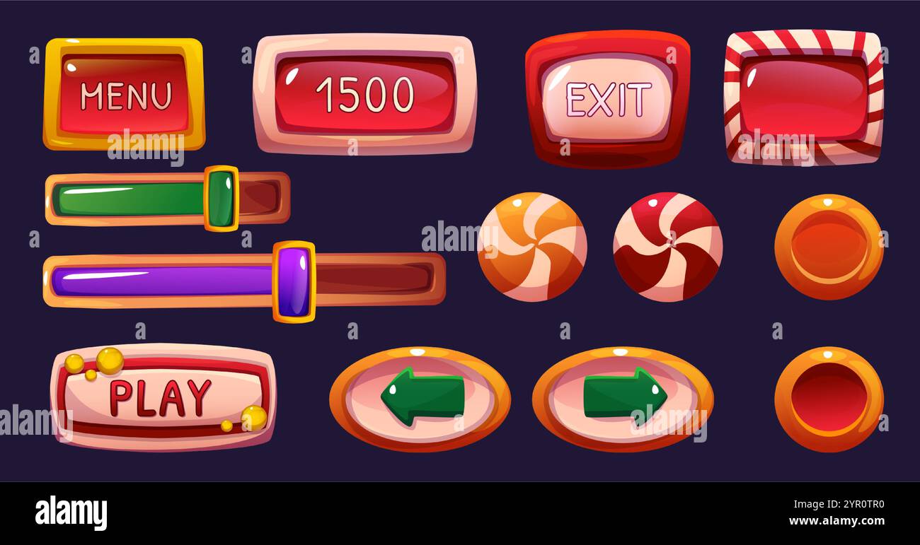 Candy game ui button and interface icon cartoon. Mobile app cute design ...