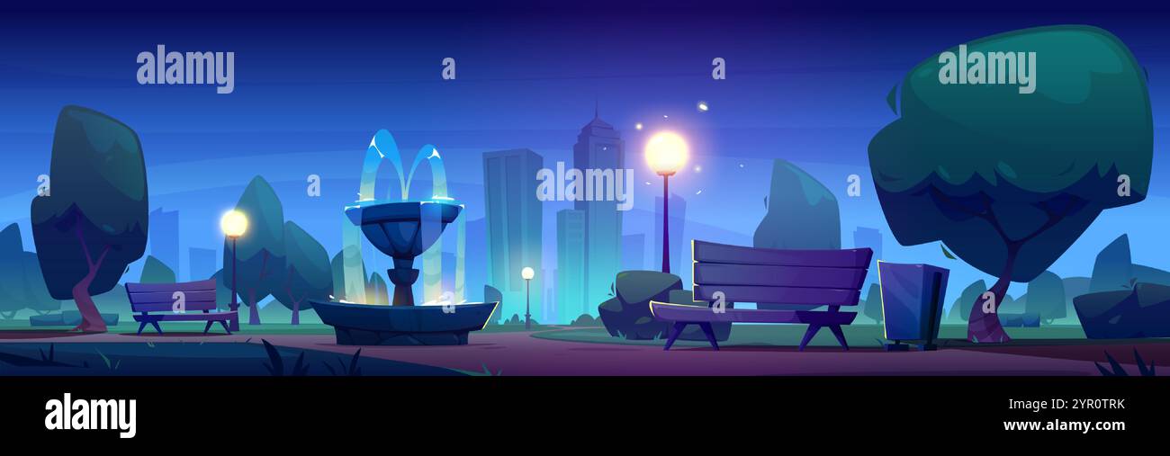 Night city downtown park with fountain. Vector cartoon illustration of ...
