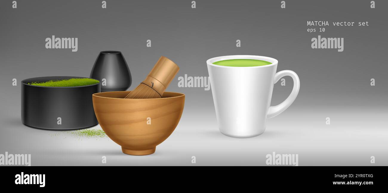 3d green matcha powder. Japan tea or latte drink product banner ...