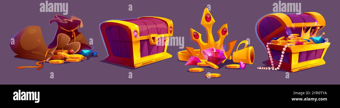Collection of cartoon fantasy game objects of gold treasure chest with ...
