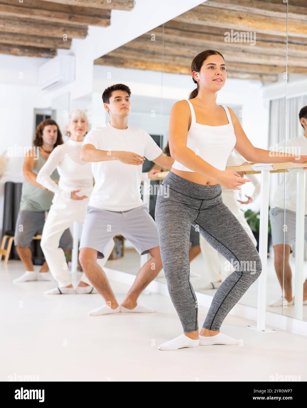 Women and men training in ballet class with other dancers in studio ...