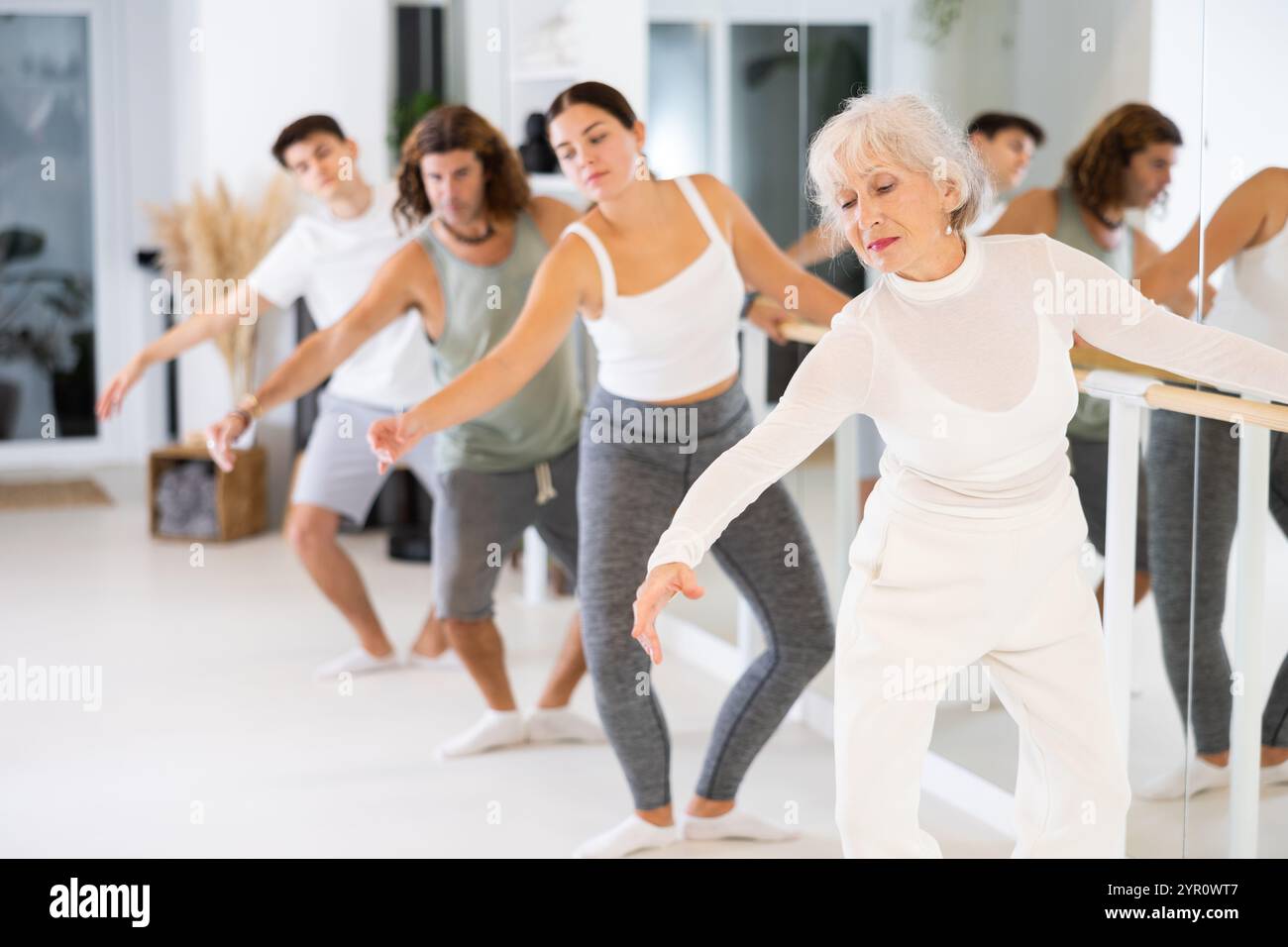 Women and men training in ballet class with other dancers in studio ...