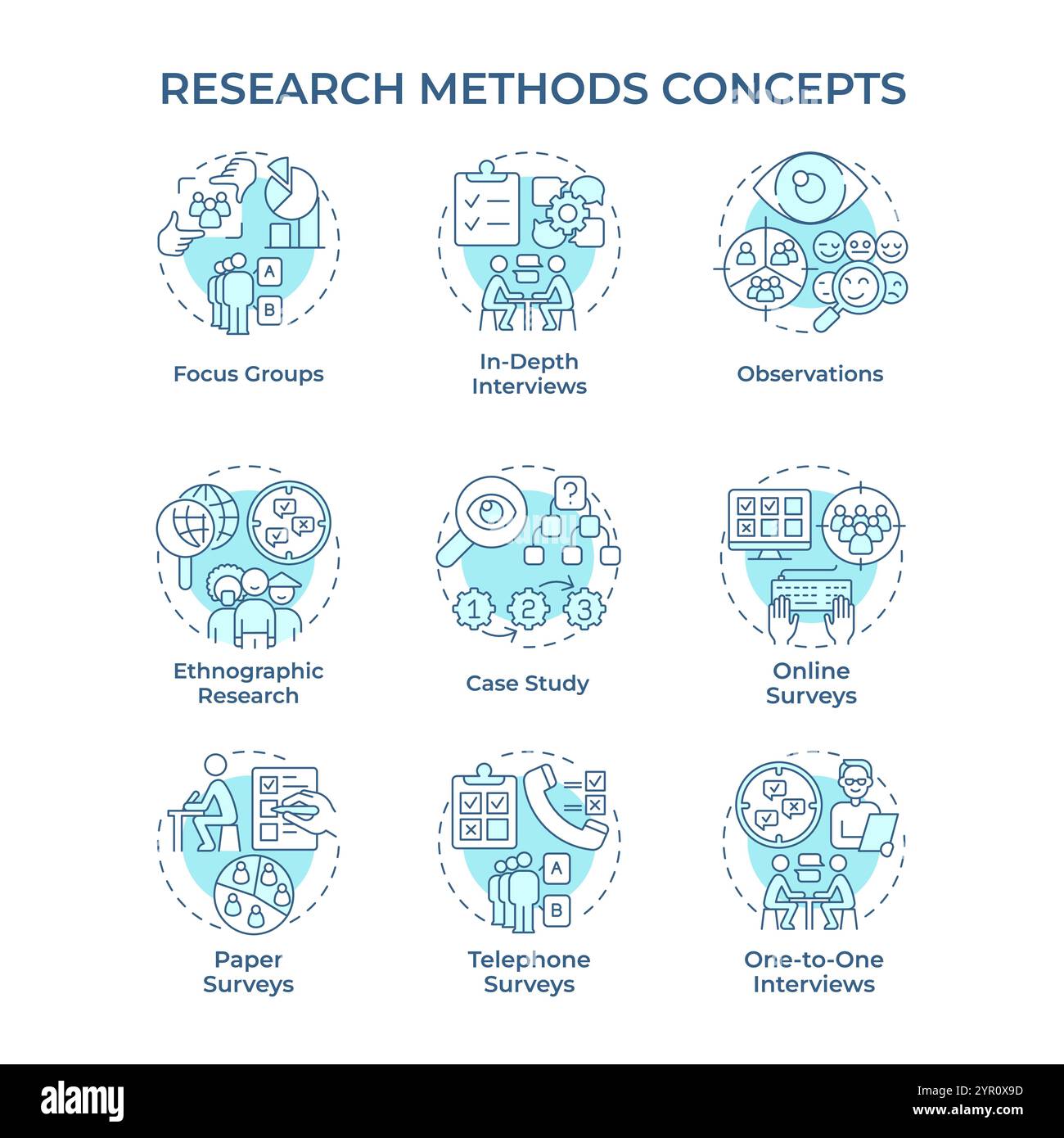 Research methods soft blue concept icons. Data collecting, survey. Marketing strategy. Icon pack ...