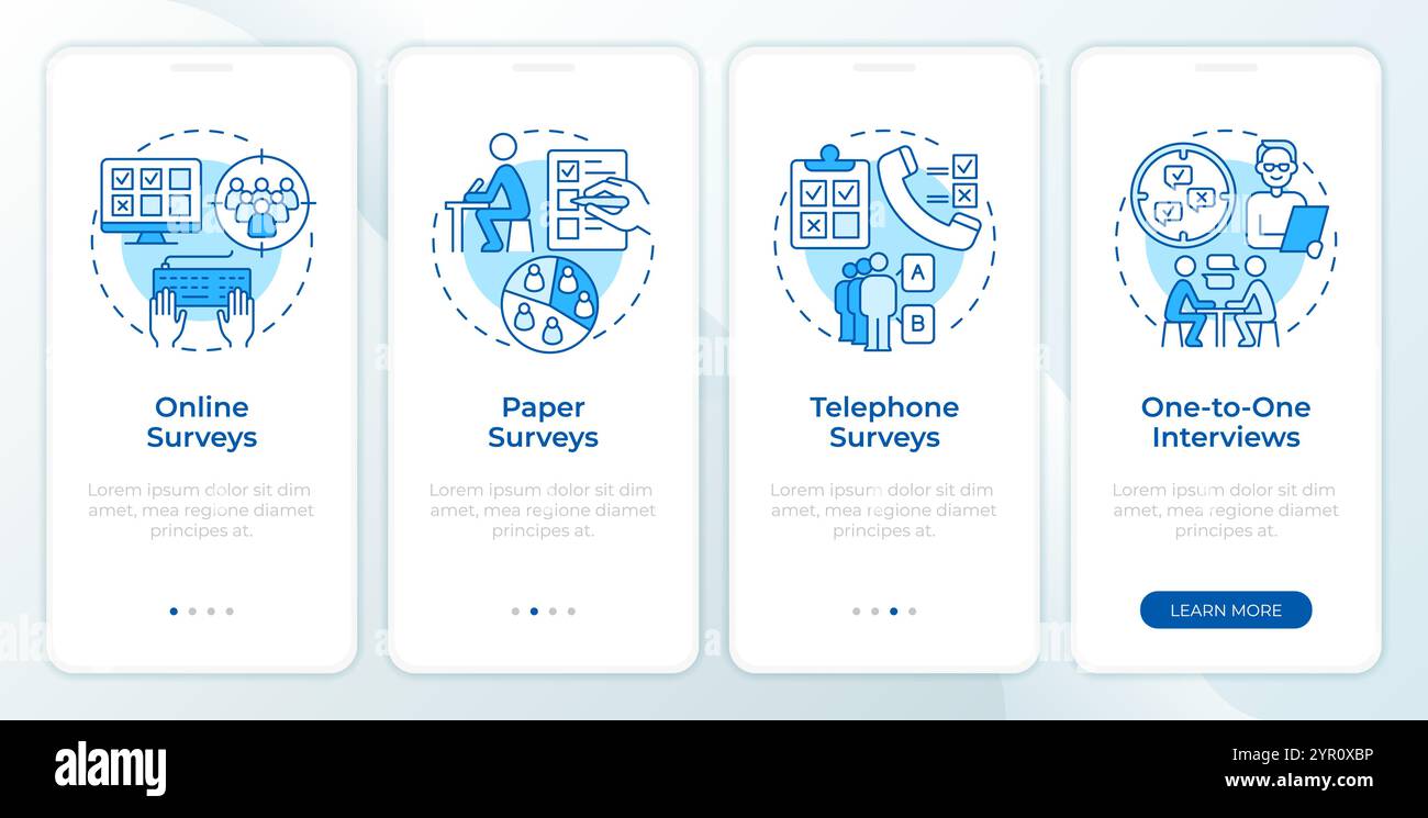 Research survey types blue onboarding mobile app screen Stock Vector ...