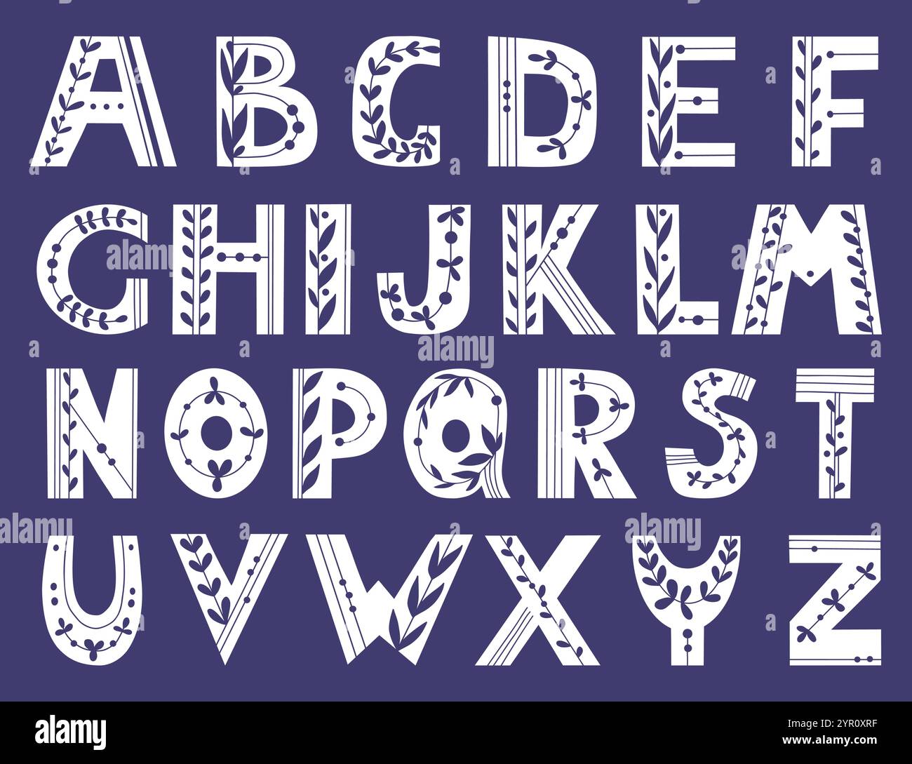 Hand-drawn White Decorative Botanical Alphabet with floral pattern on ...