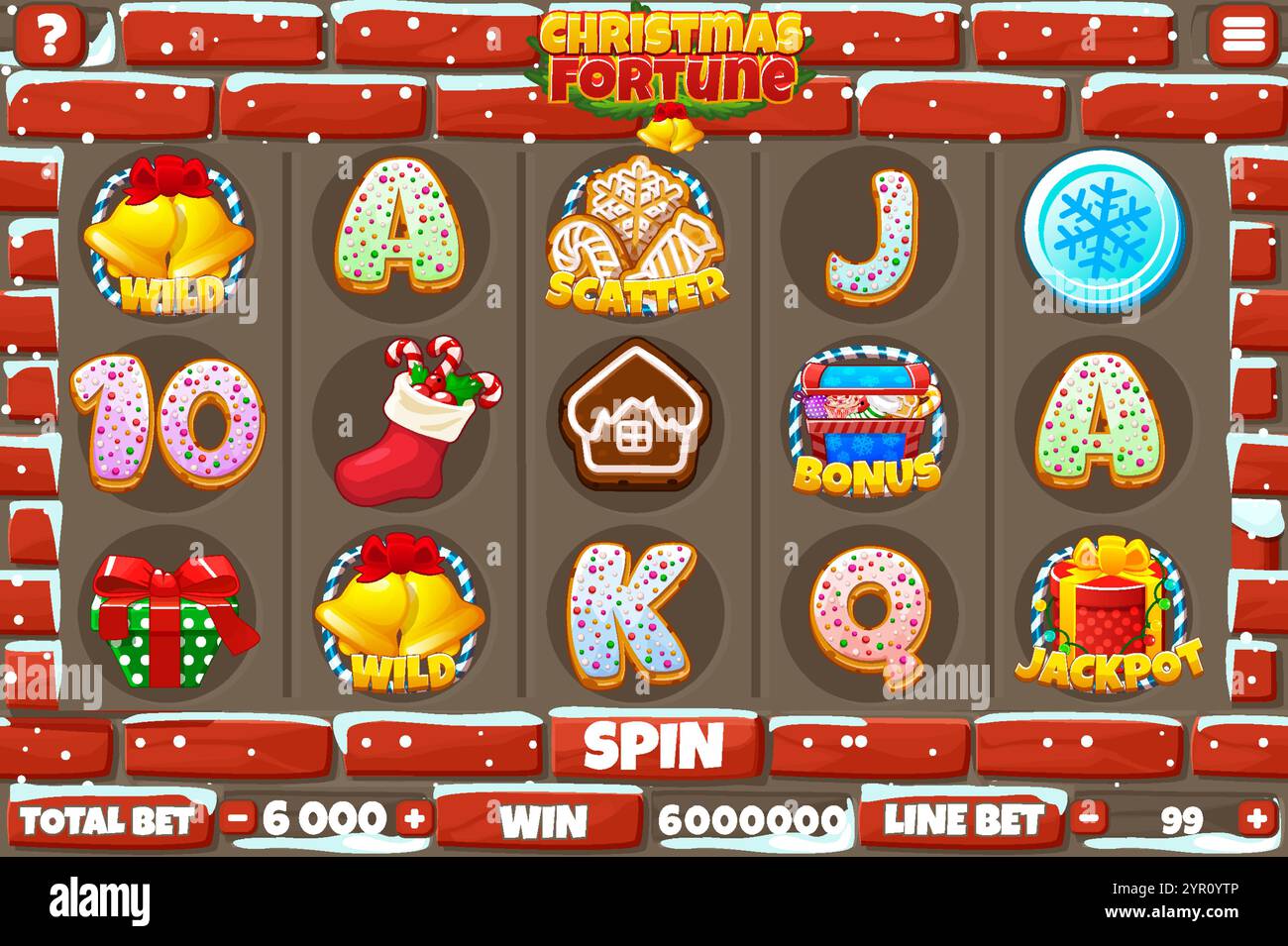 Christmas fortune slot UI, and buttons and set of 12 symbols. Stone ...