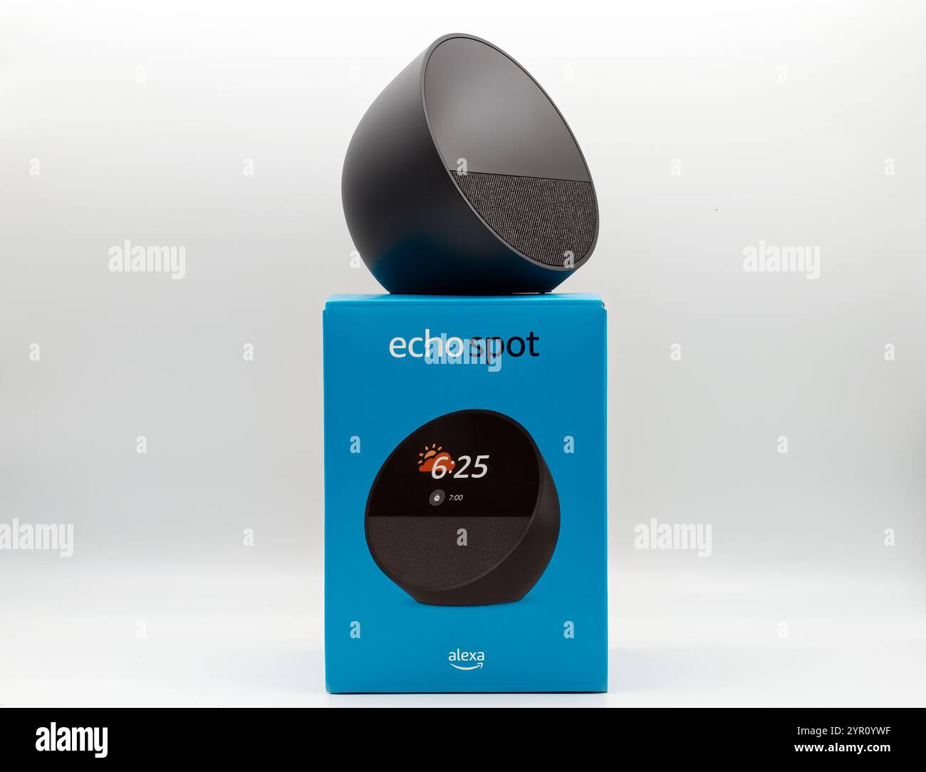 Amazon Echo Spot. Alexa, virtual assistant AI isolated on white ...