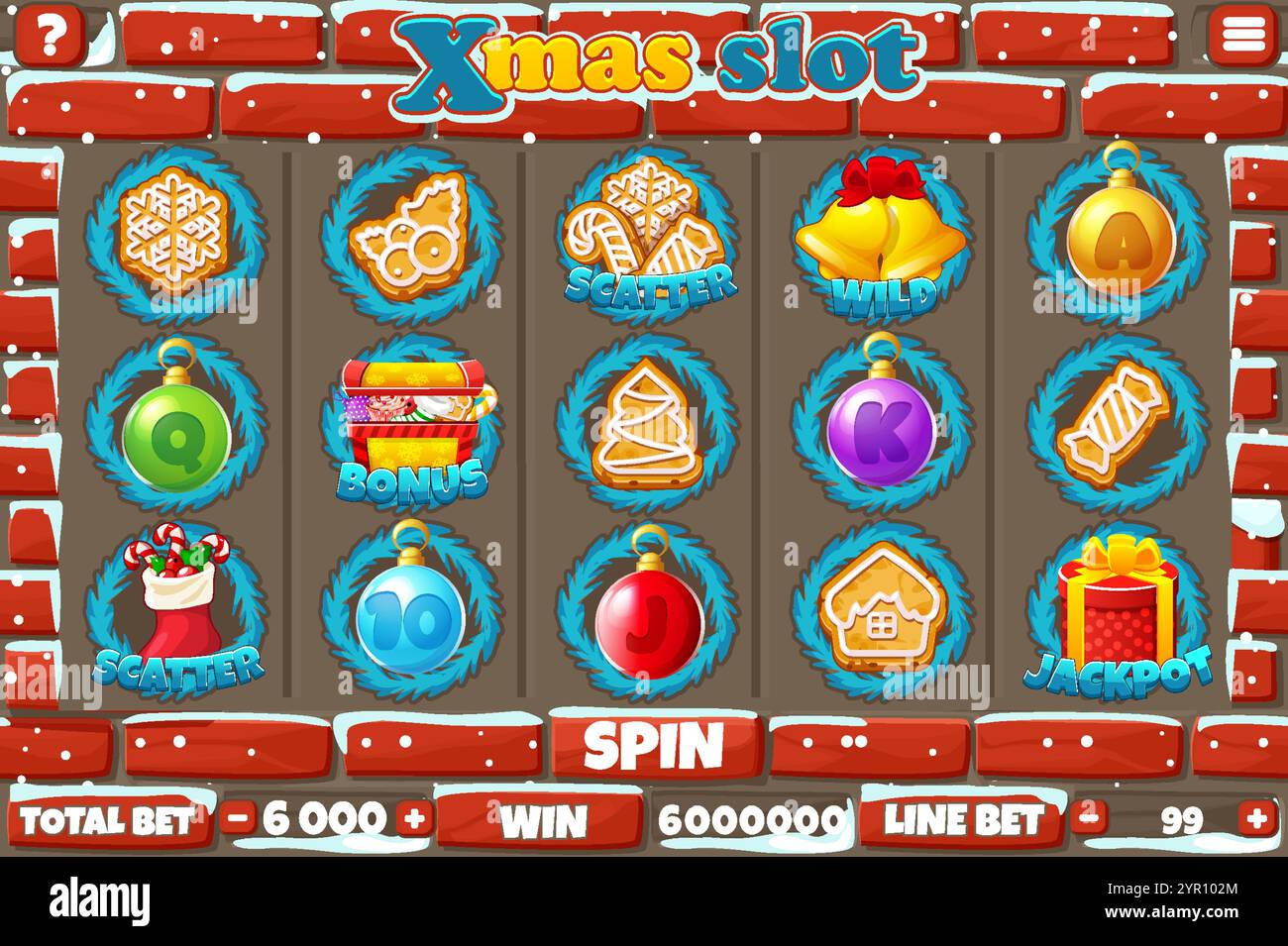 Christmas fortune slot UI, buttons and set of 12 symbols. Stone wall ...