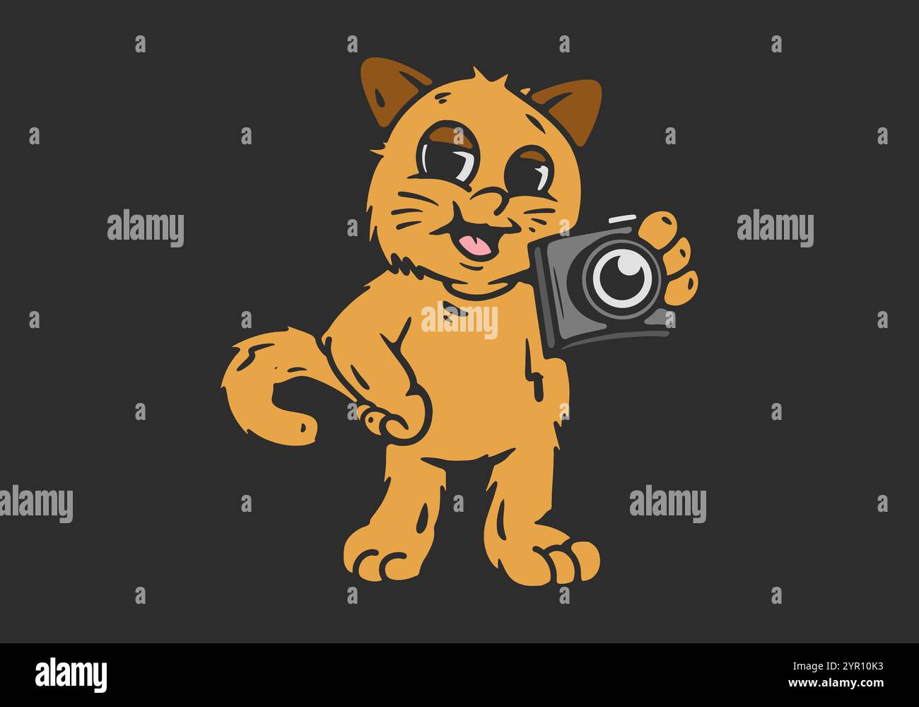 Take a picture. Standing orange cat character holding a camera ...