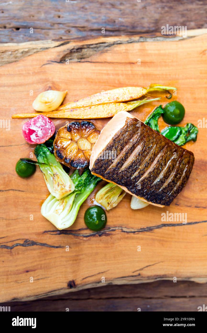 Pan fried Atlantic salmon filet steak and a selecion of garden ...