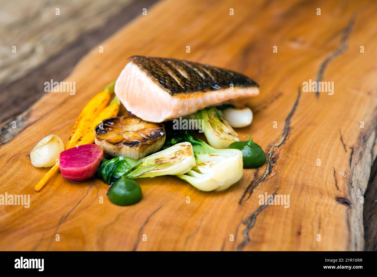 Pan fried Atlantic salmon filet steak and a selecion of garden ...