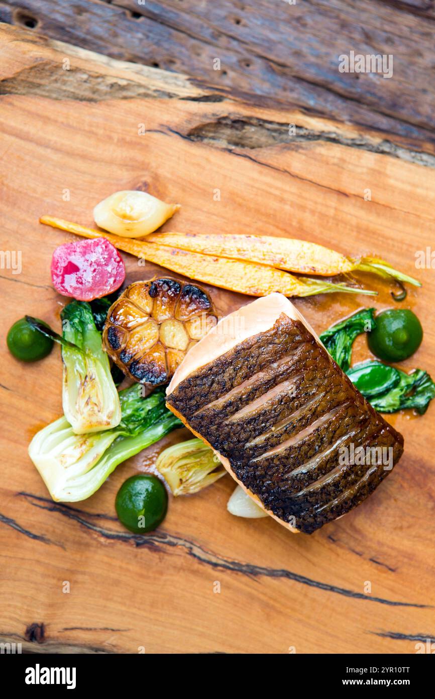 Pan fried Atlantic salmon filet steak and a selecion of garden ...