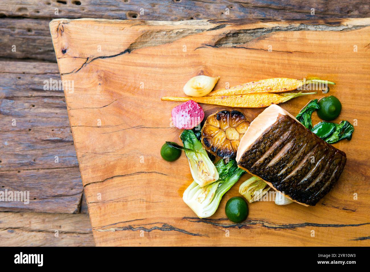 Pan fried Atlantic salmon filet steak and a selecion of garden ...