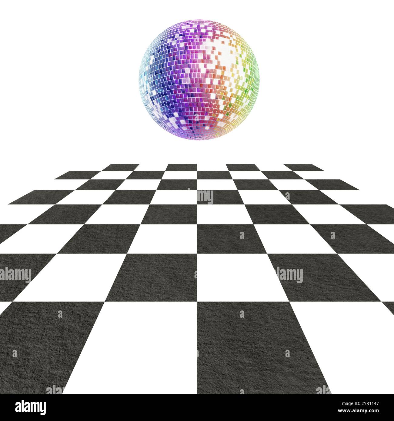Disco ball in the center in perspective over a checkerboard surface bi ...