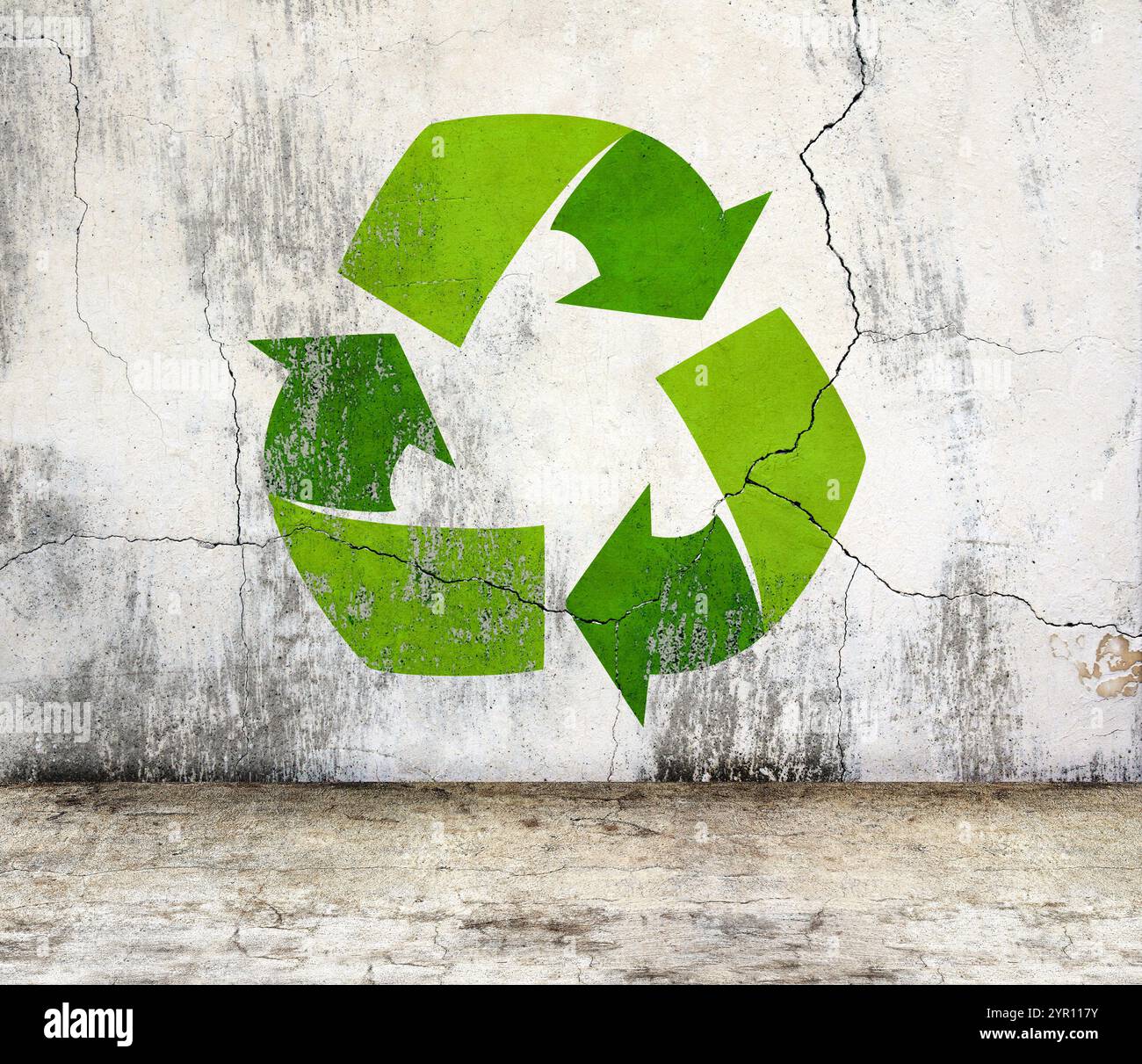 Arrows recycle symbol on old stucco wall and concrete floor. Rugged ...