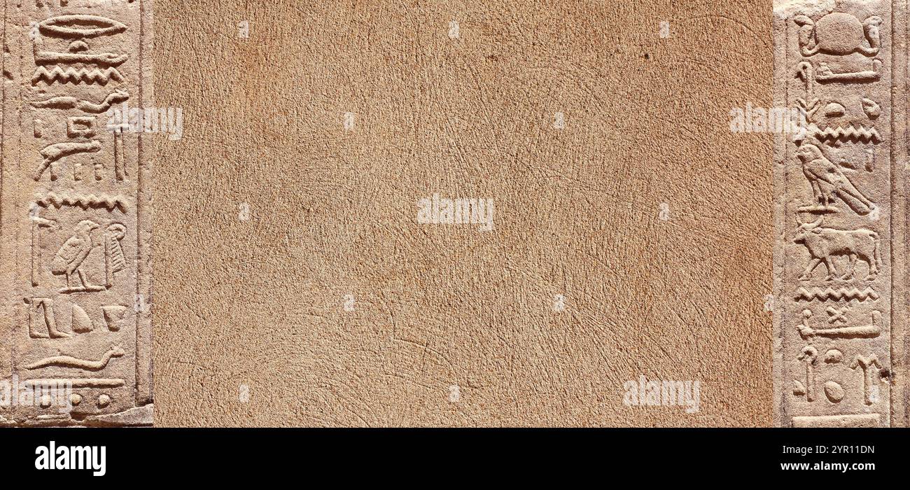 Horizontal background with ancient Egyptian hieroglyphs on stone wall ...