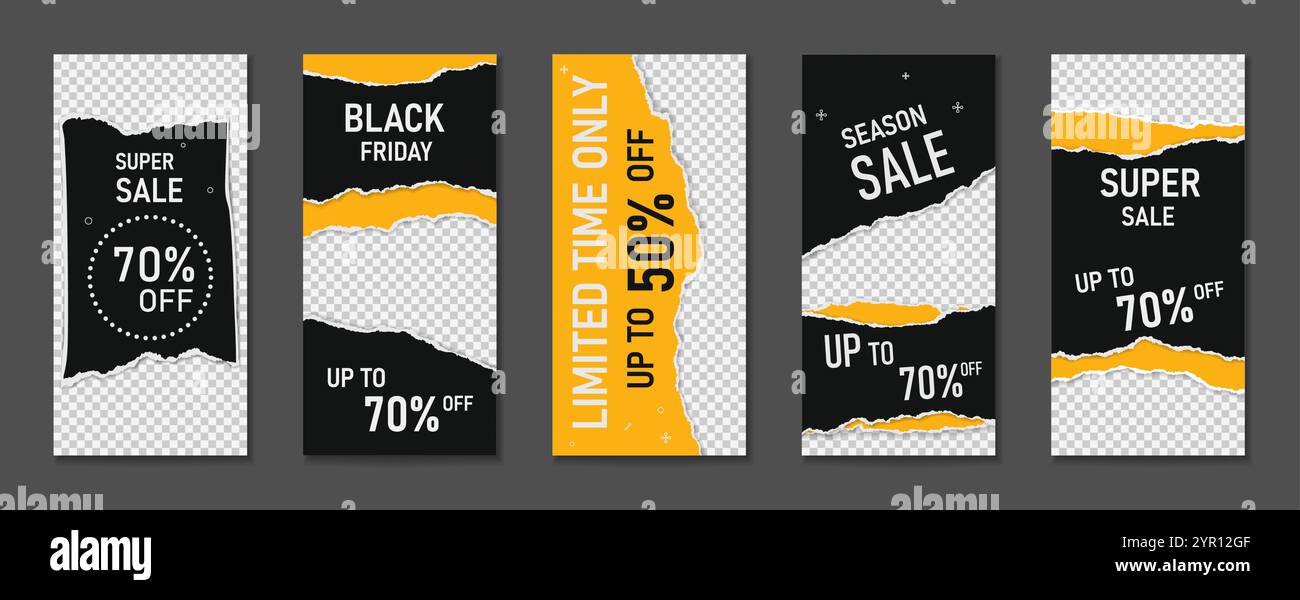 Set of flyers, banners made from torn black paper ad or announcement ...