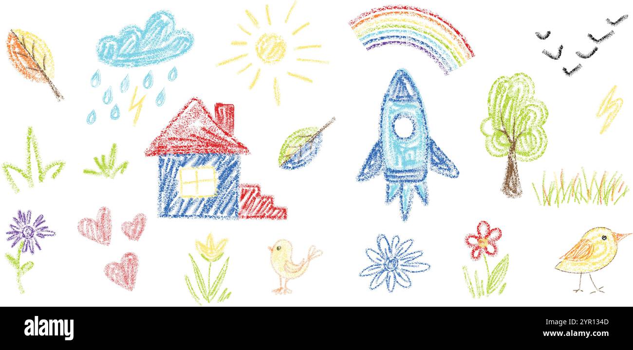 Kid doodle crayon or chalk hand scribble drawings set Stock Vector ...