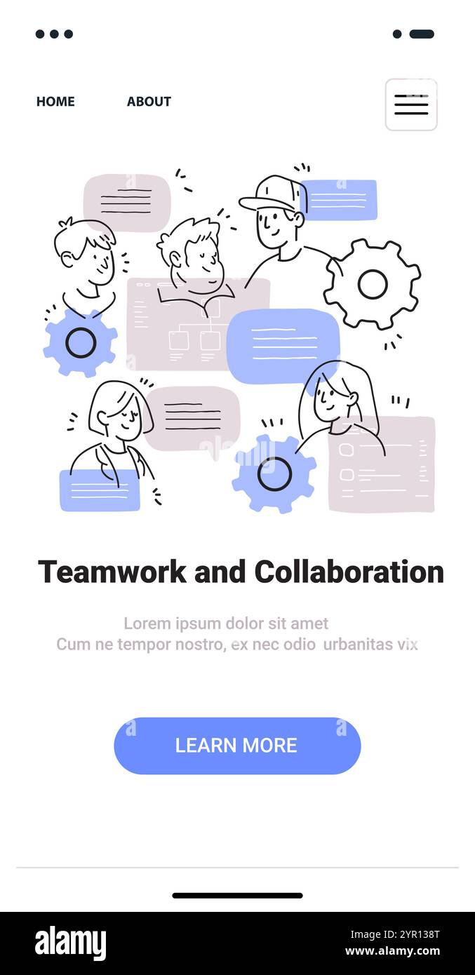 Teamwork and collaboration concept with people discussing ideas gears and speech bubbles in a ...
