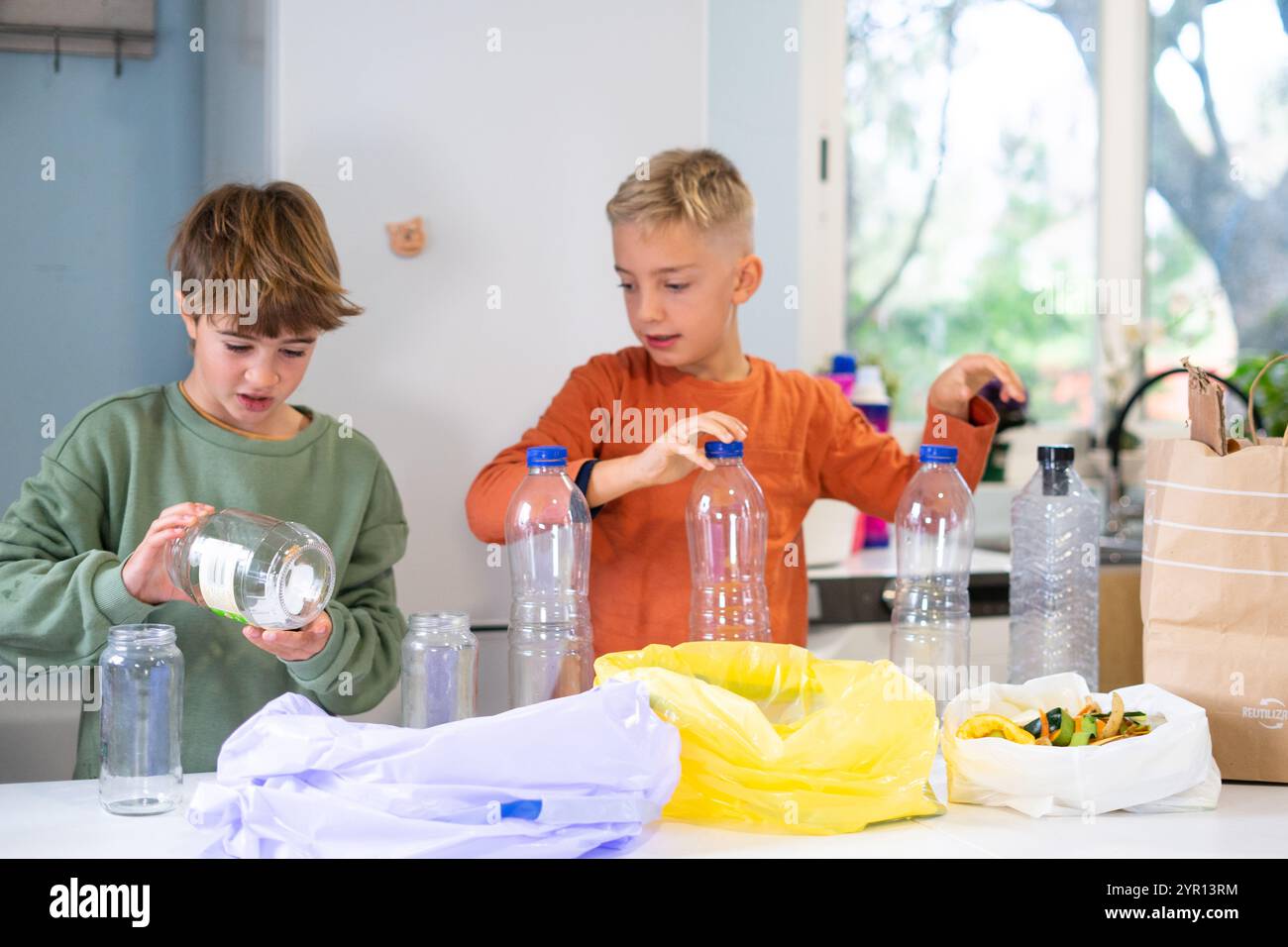 Two young boys separating plastic bottles and glass jars for recycling ...