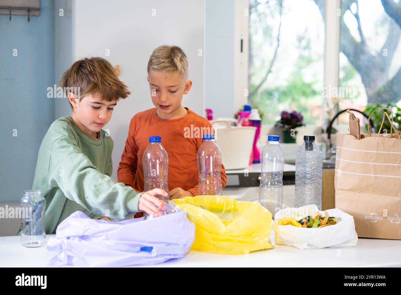 Two brothers are sorting plastic bottles and organic waste in the ...