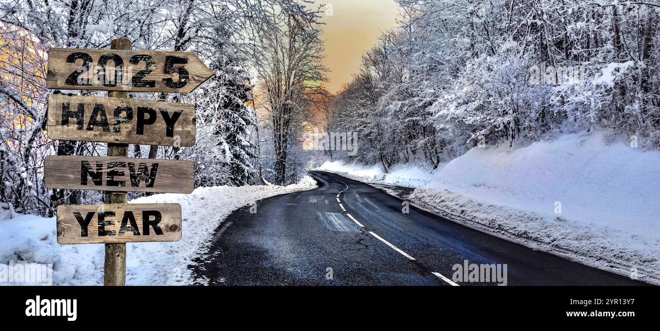 2025 HAPPY NEW YEAR written on wooden sign with arrow pointing to a ...