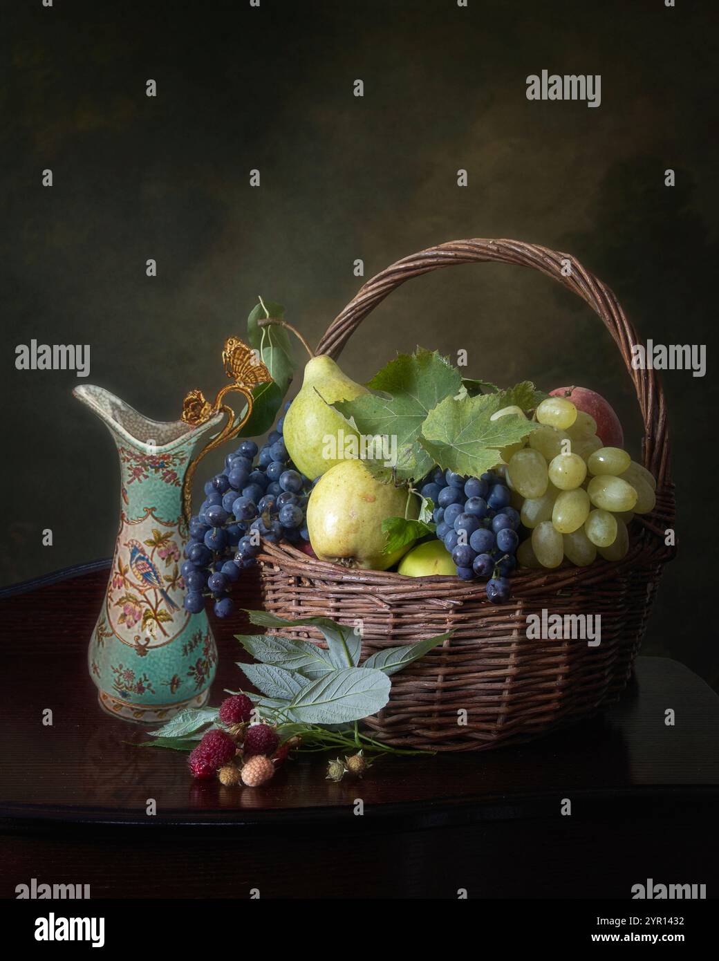 Still life with fruits and vintage jar Stock Photo - Alamy